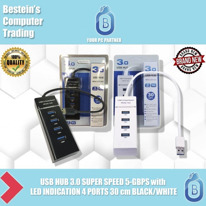 USB HUB 3.0 SUPER SPEED 5-GBPS with LED INDICATION 4 PORTS 30 cm at 200 ...