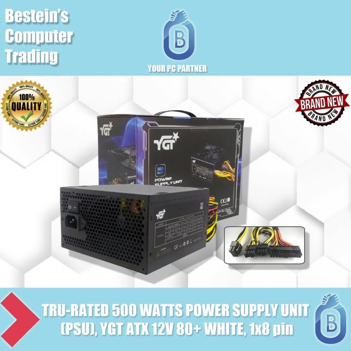 TRU-RATED 500 WATTS POWER SUPPLY UNIT (PSU), YGT ATX 12V 80+ WHITE, 1x8 ...